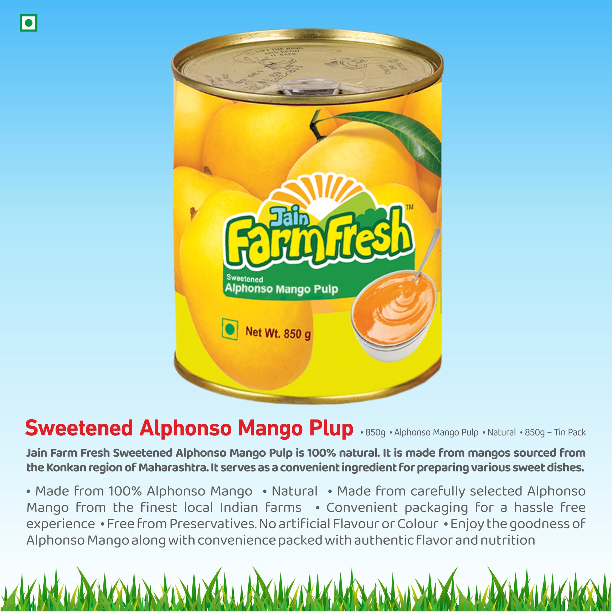 Alphonso Mango Pulp (Sweetened) 850g Tin | Jain Farm Fresh – Online ...